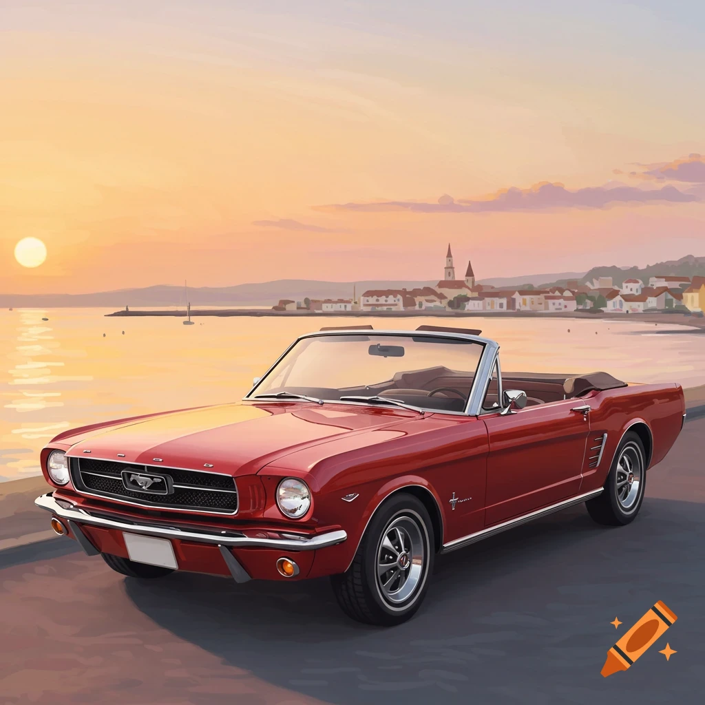 A red classic convertible car parked on a road by the water, with a ...