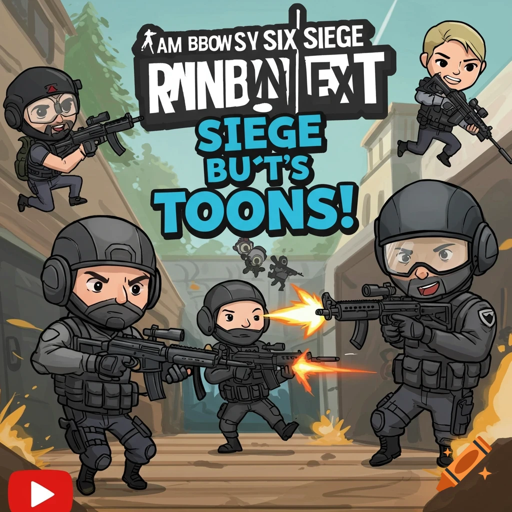 Cartoon characters in a Rainbow Six Siege YouTube thumbnail on Craiyon