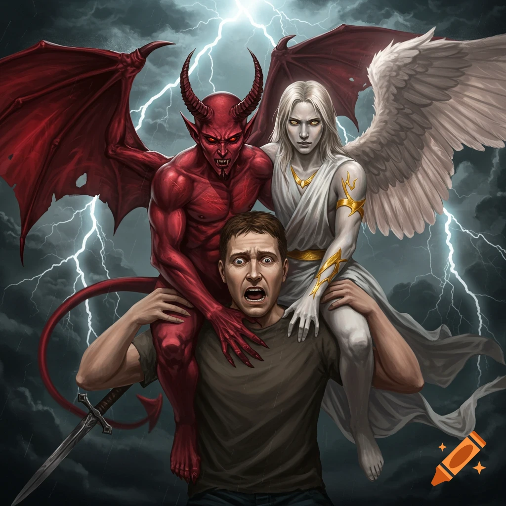 Devil and angel sitting on man's shoulders on Craiyon