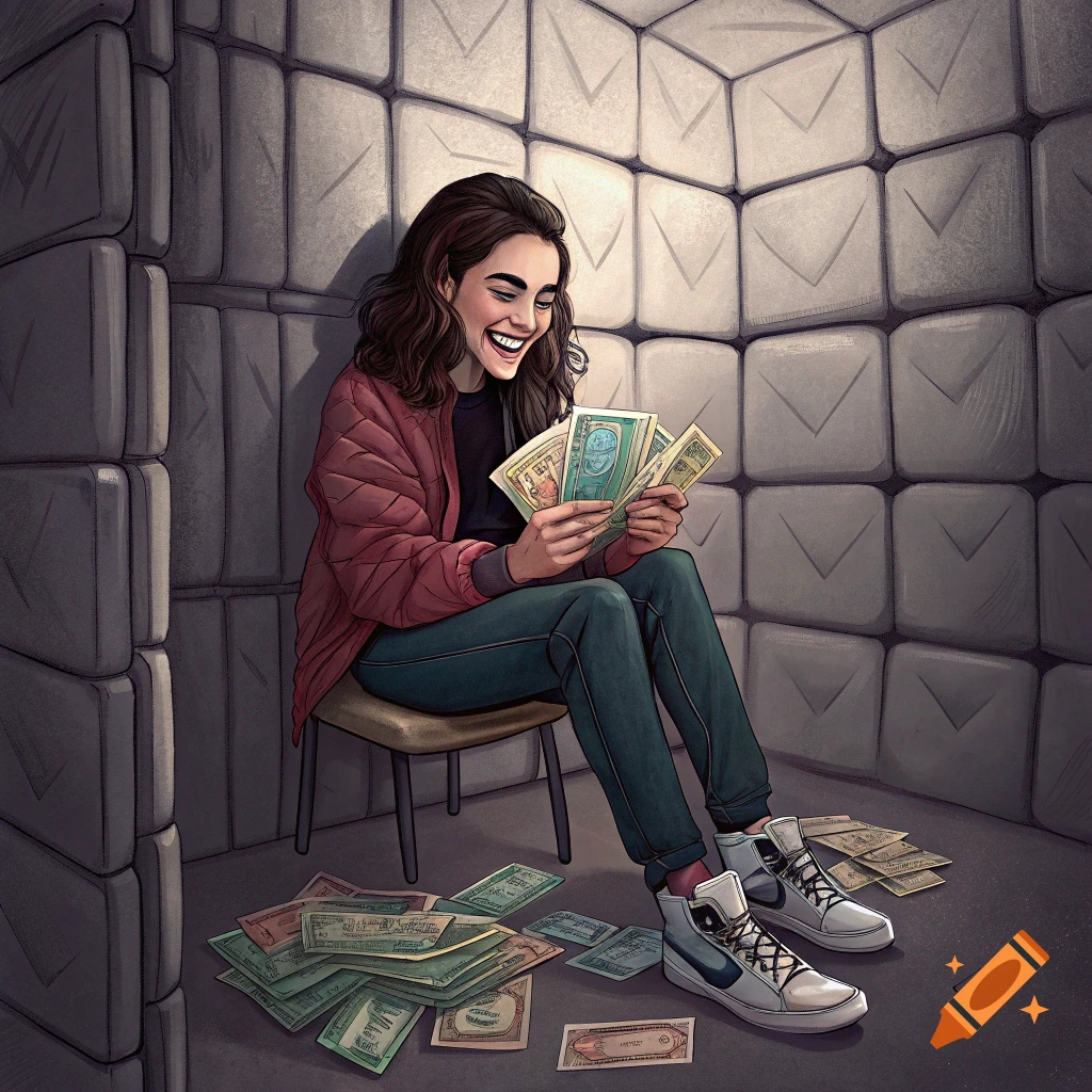 Illustration of a woman happily counting bills while sitting in a ...