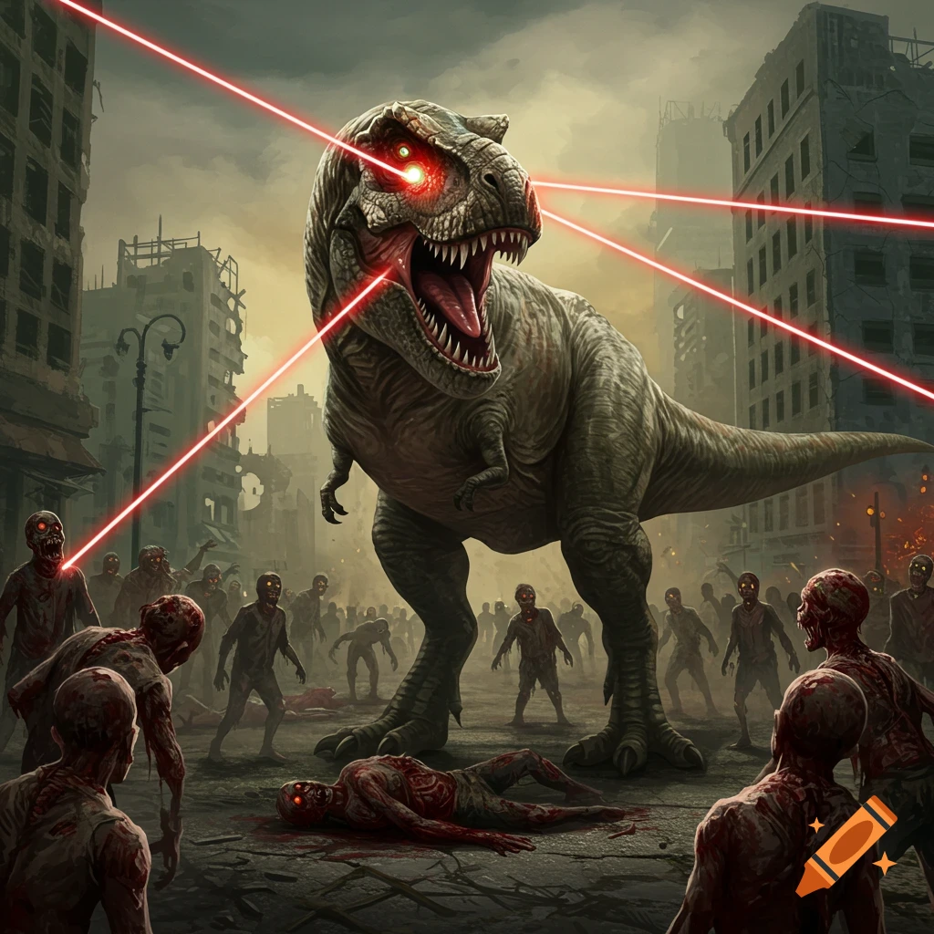 A T-Rex shooting lasers from its eyes while fighting zombies in a ...