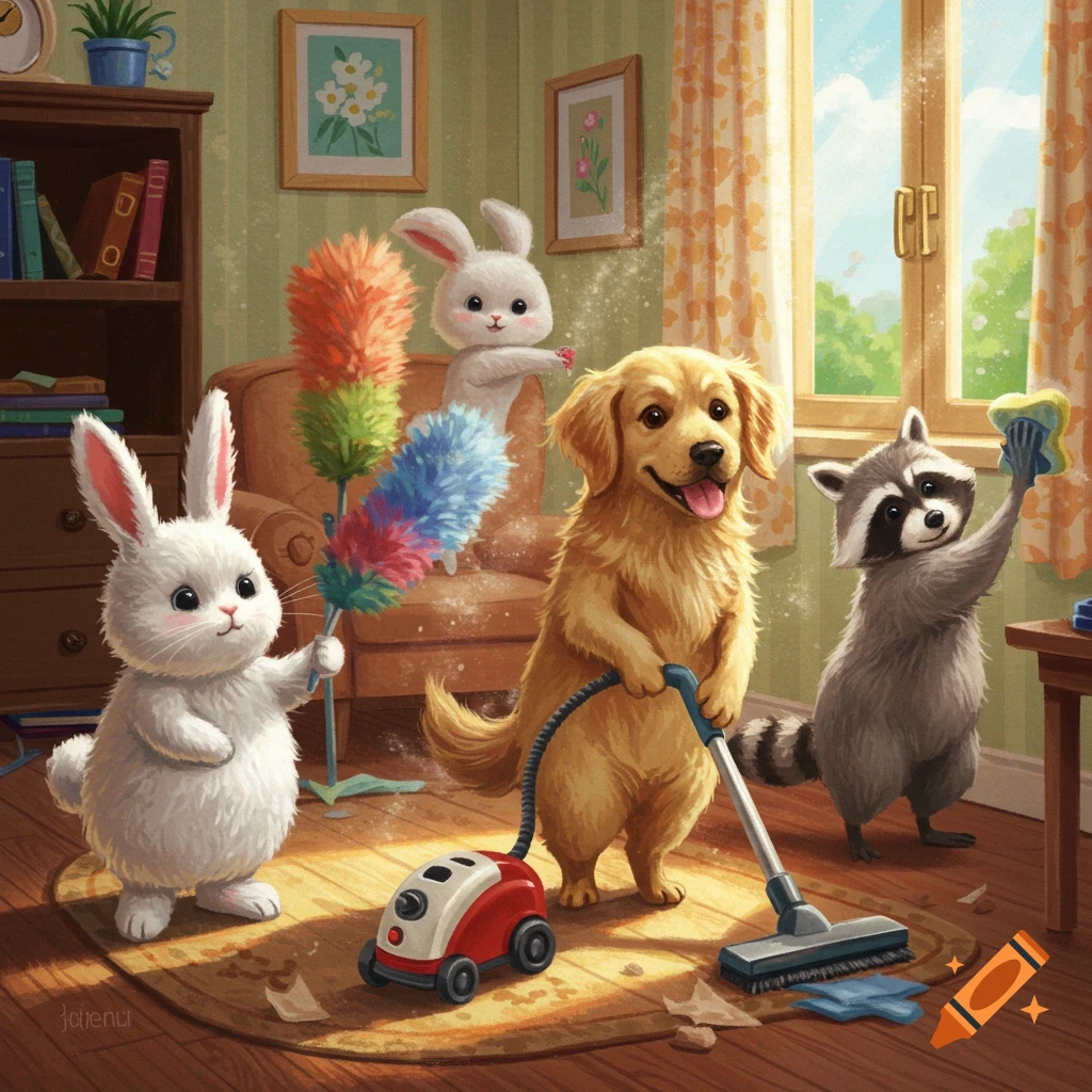 Cute animals cleaning a room. on Craiyon