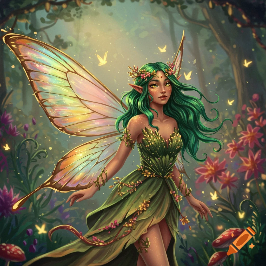 An illustration of a red-haired fairy with colorful wings and a green ...
