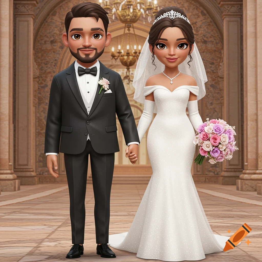 Pixar style bride and groom in wedding attire on Craiyon