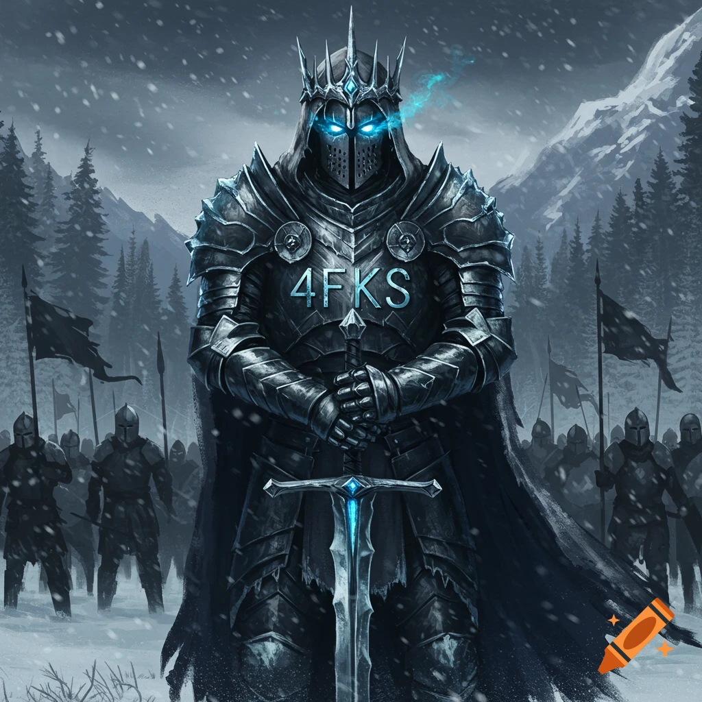 Painting of a frost knight with glowing blue eyes and sword, standing ...