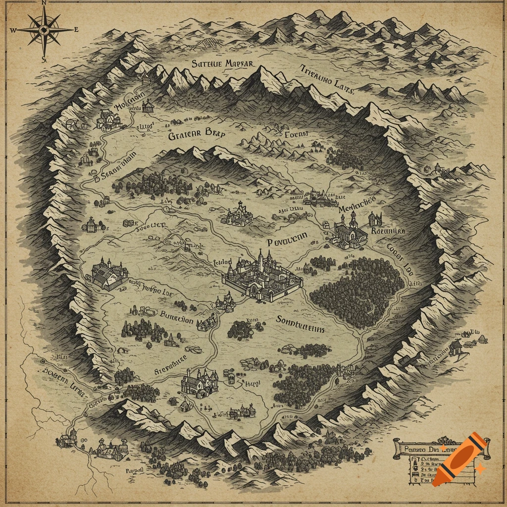 Fantasy map of a barony enclosed by mountains, black and white on Craiyon