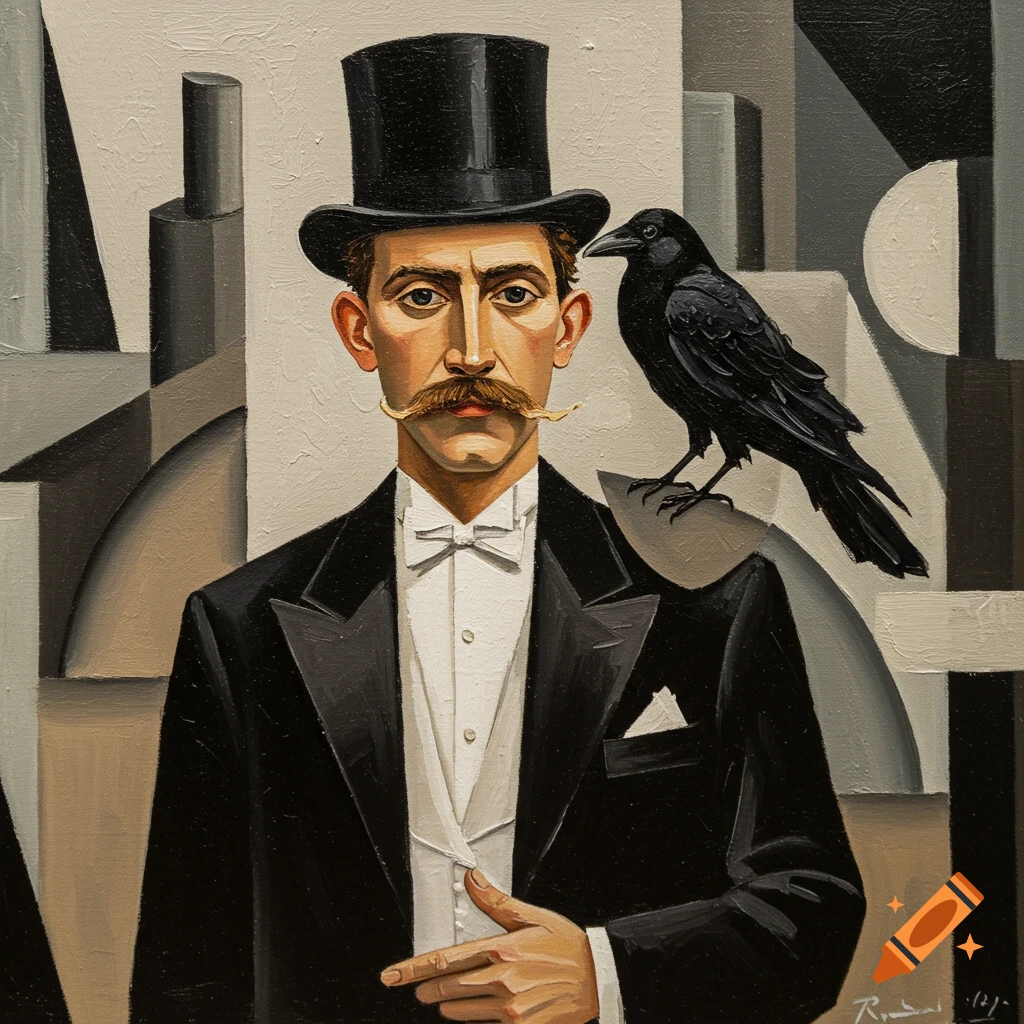 Cubism oil painting of a man in a tuxedo with a crow, Picasso style on ...