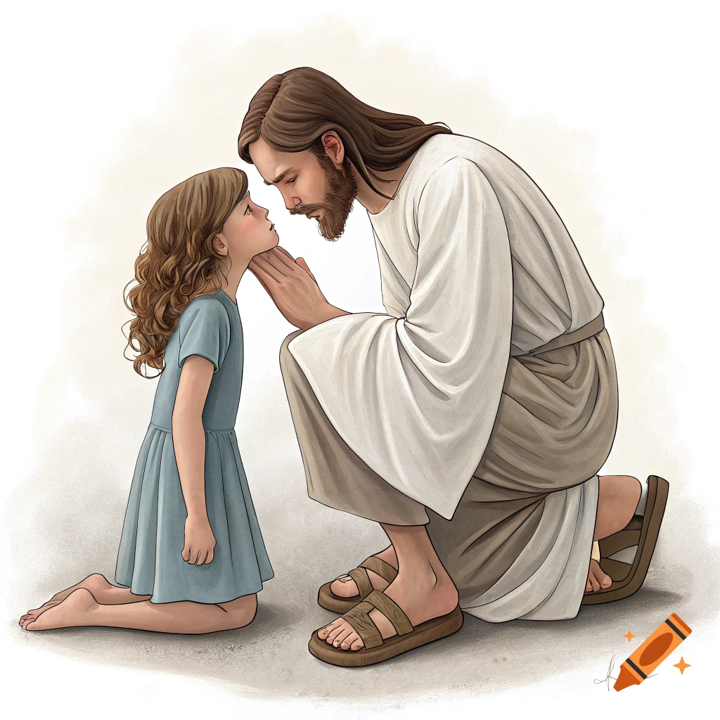 Jesus Christ walks with a young girl on a balance beam in a gym ...