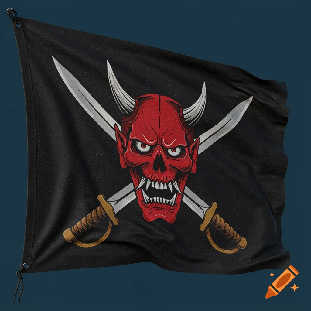 A black pirate flag with a red oni skull and crossed swords. on Craiyon