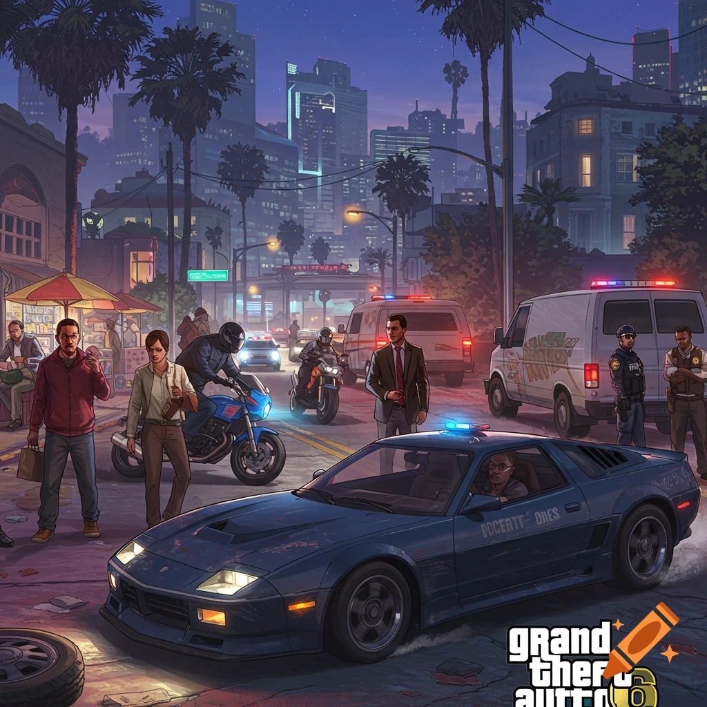 A street scene with police cars, motorcycles, people, and buildings, in ...