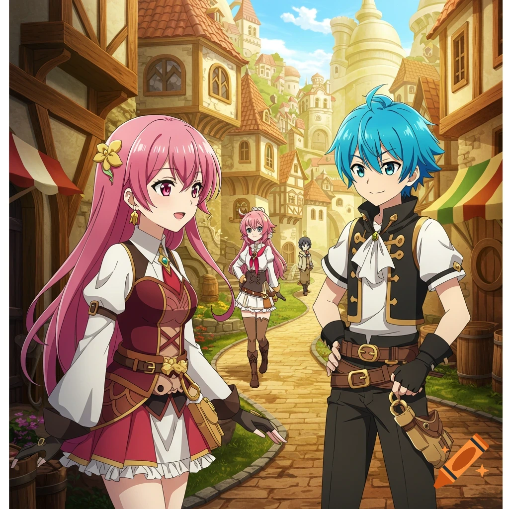 Cheerful anime characters run down a cobblestone street in a vibrant ...