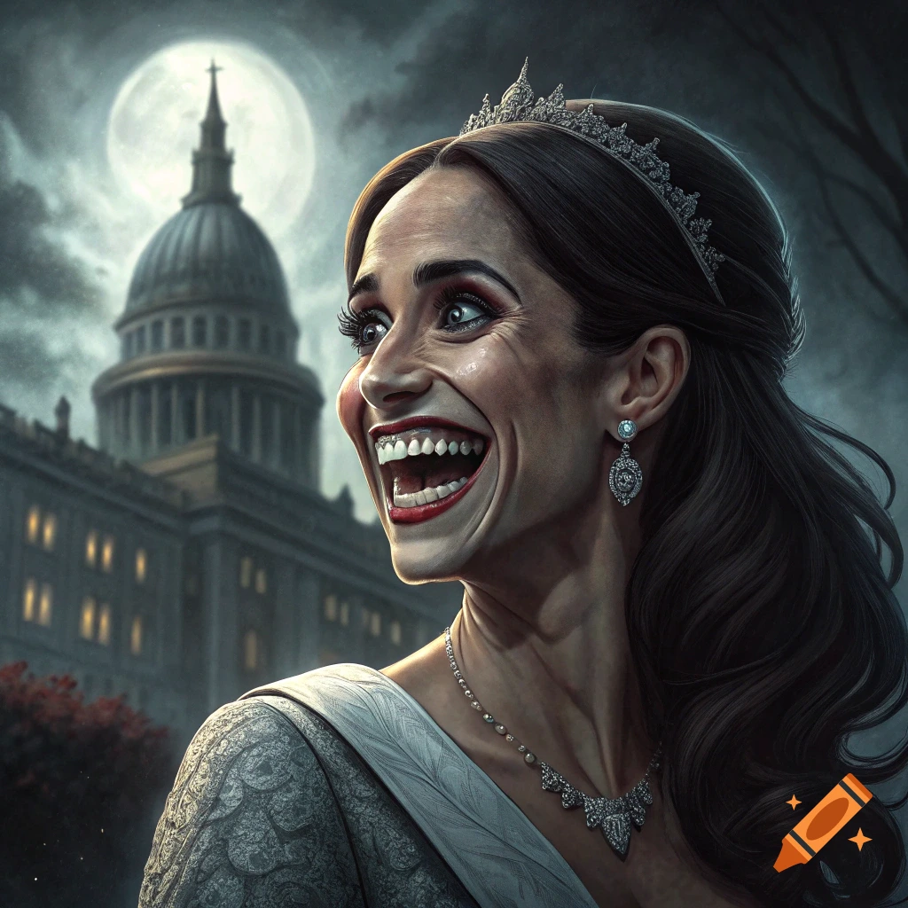 Meghan Markle with unsettling grin, horror style on Craiyon