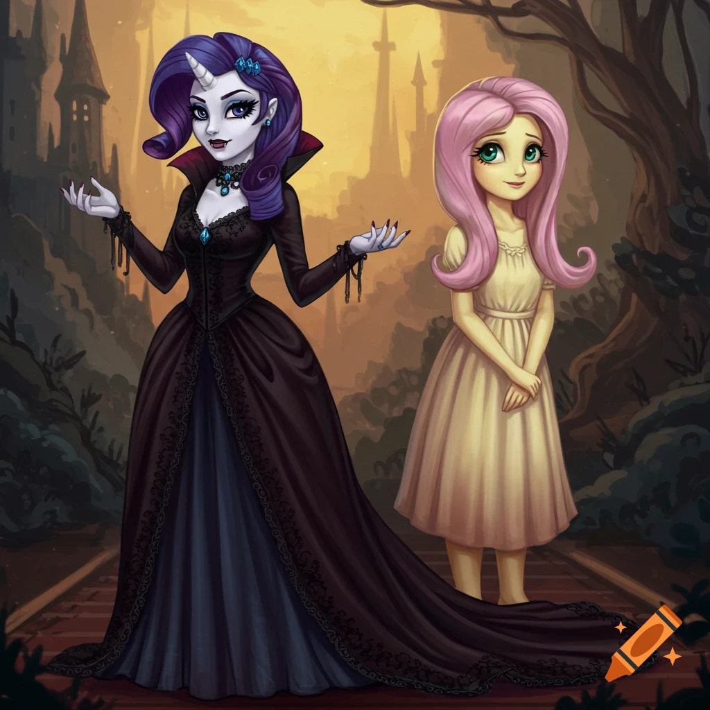 Humanized Rarity in a gothic vampire dress stands beside humanized ...