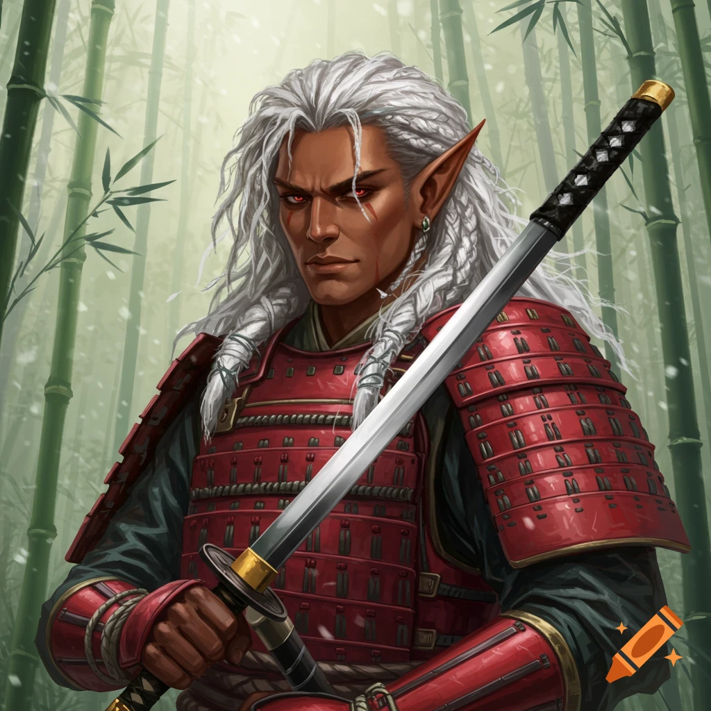 Elf samurai in red armor with a katana on Craiyon