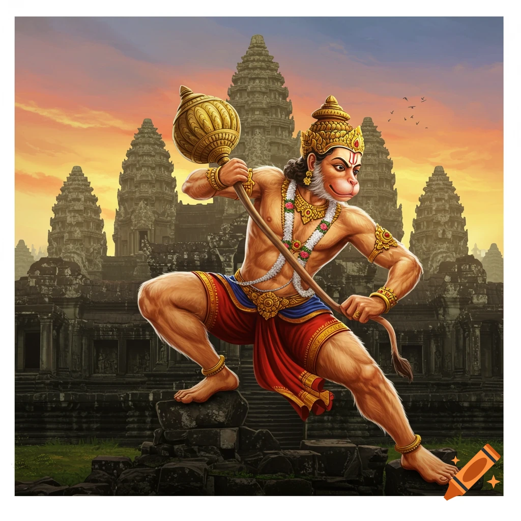 Hanuman with a mace in front of Angkor Wat temple. on Craiyon