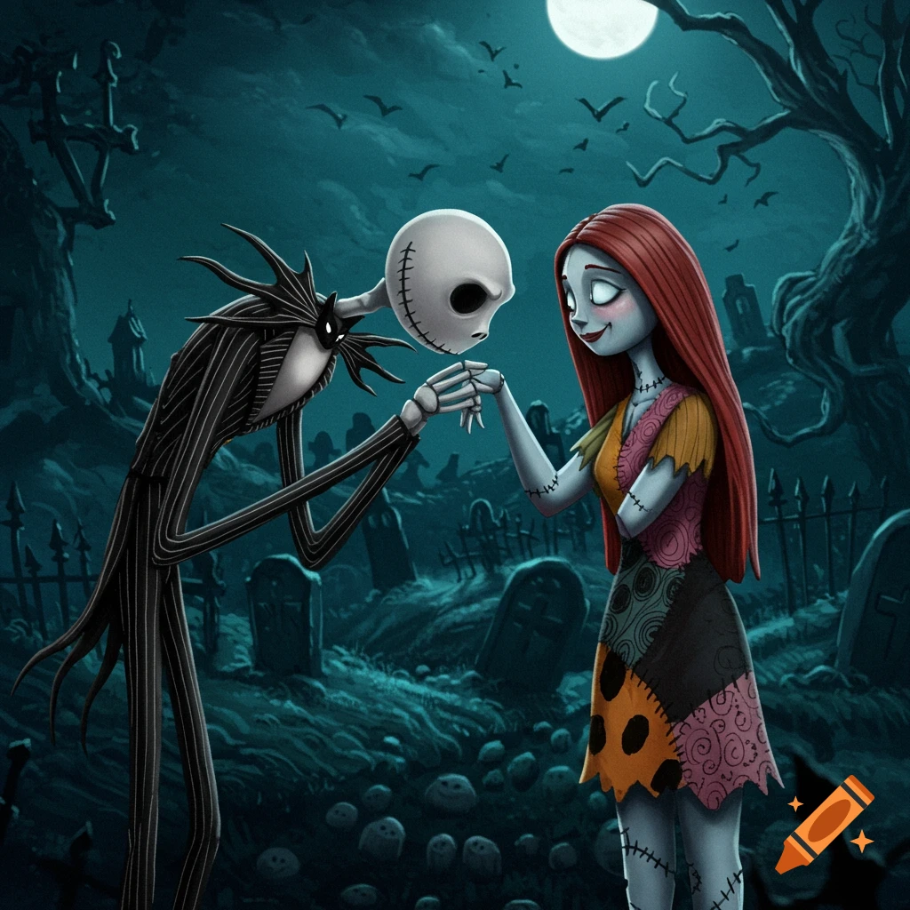 Jack Skellington bowing and kissing Sally's hand on Craiyon