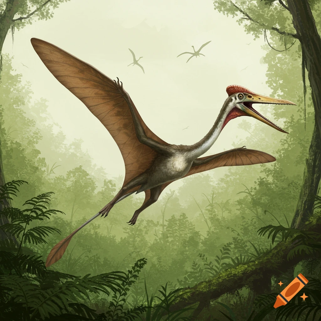 A Guidraco pterosaur flies through a lush green jungle. on Craiyon