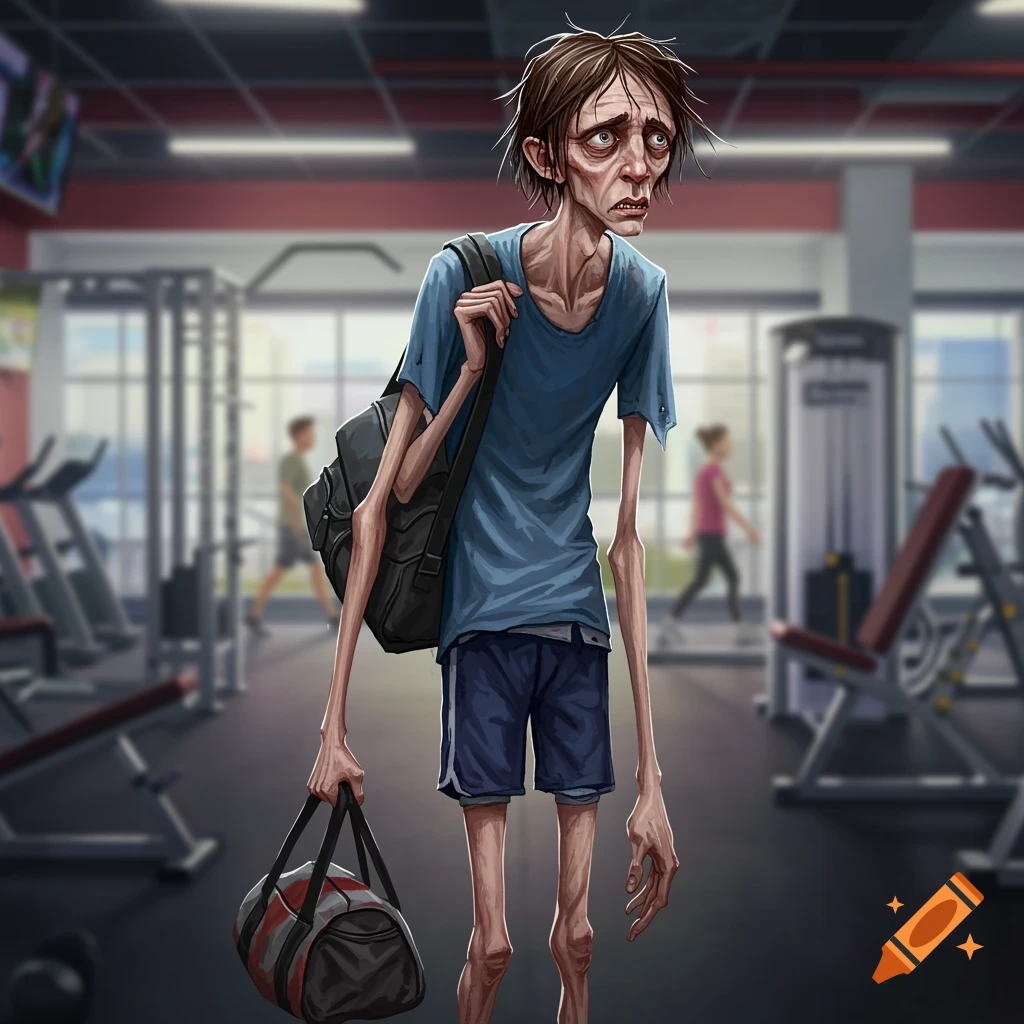 A very thin, awkward man with a gym bag is standing in a gym. on Craiyon