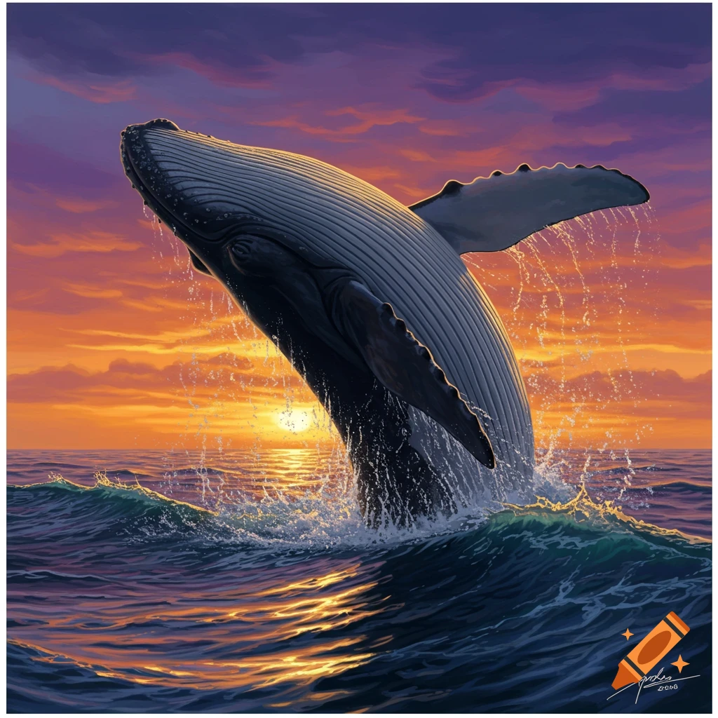 A humpback whale leaps out of the water against a colorful sunset. on ...