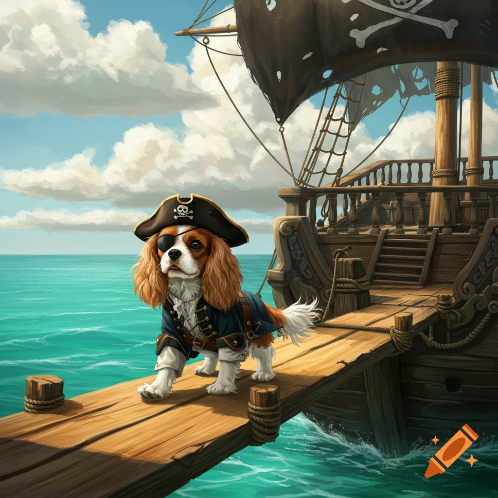 A Cavalier King Charles Spaniel in a pirate outfit is walking a plank ...