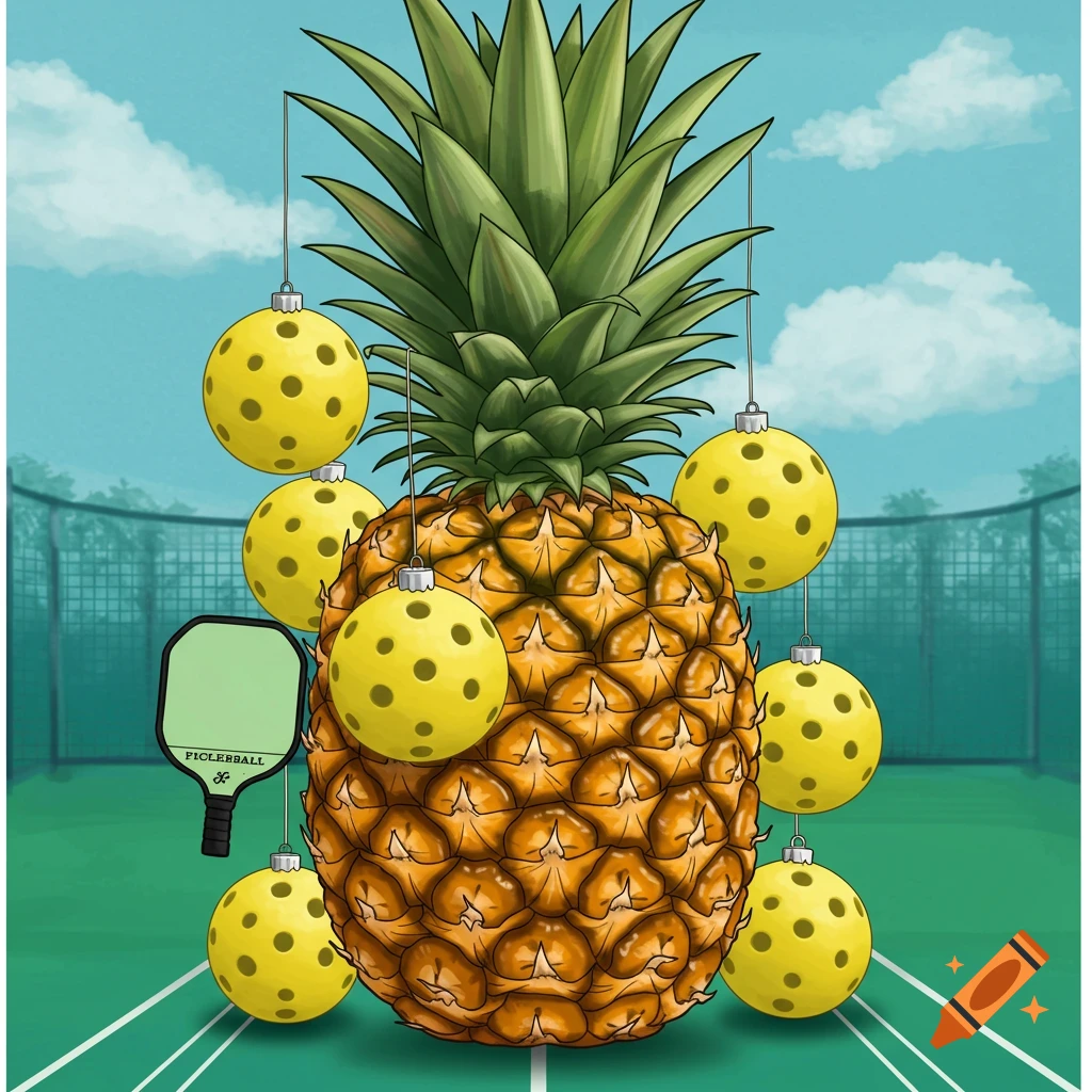 A giant pineapple is decorated with pickleball ornaments and paddles ...