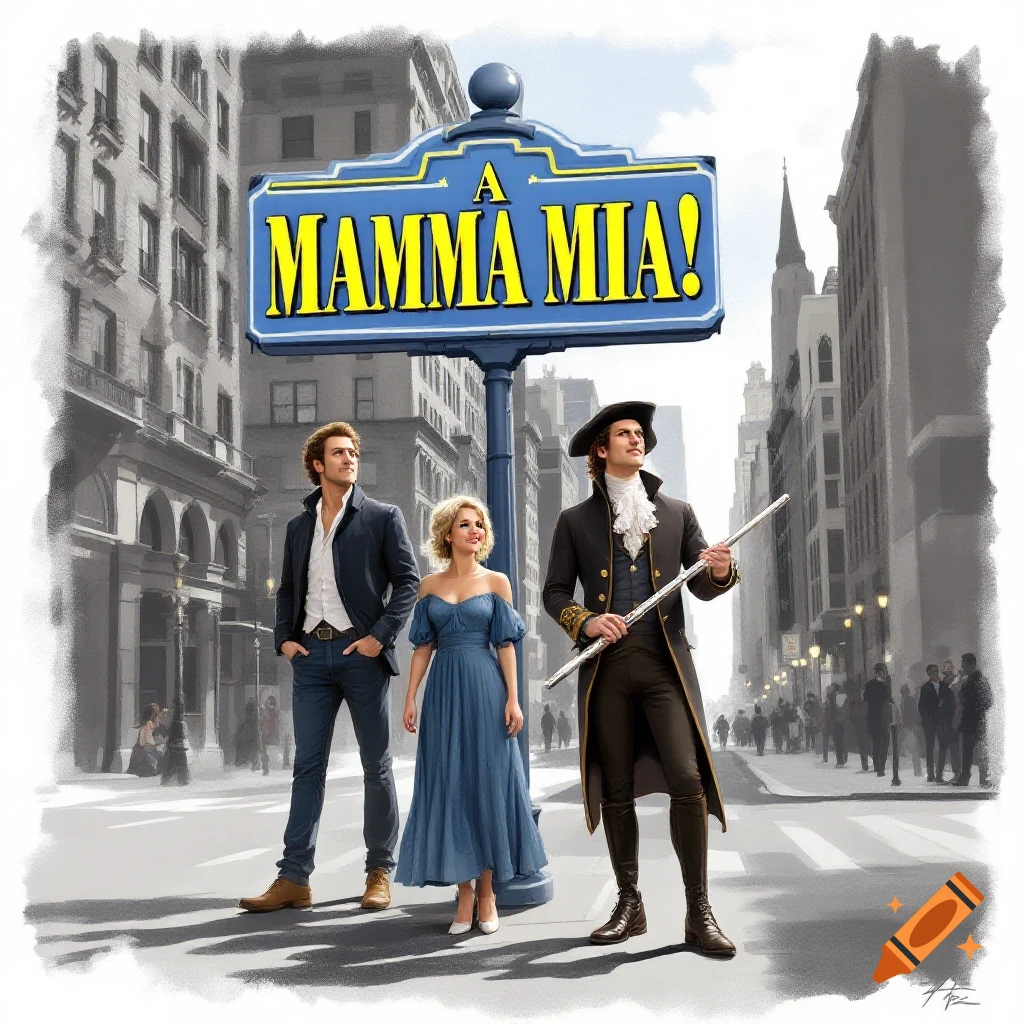 Broadway Mamma Mia! sign with Jeremy Jordan and Ben Platt on the left ...