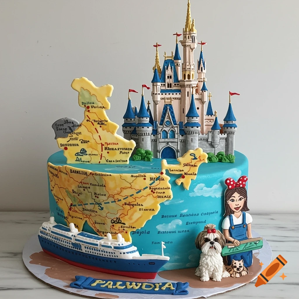 Cake depicting a map route from India to the USA with a Disney castle ...