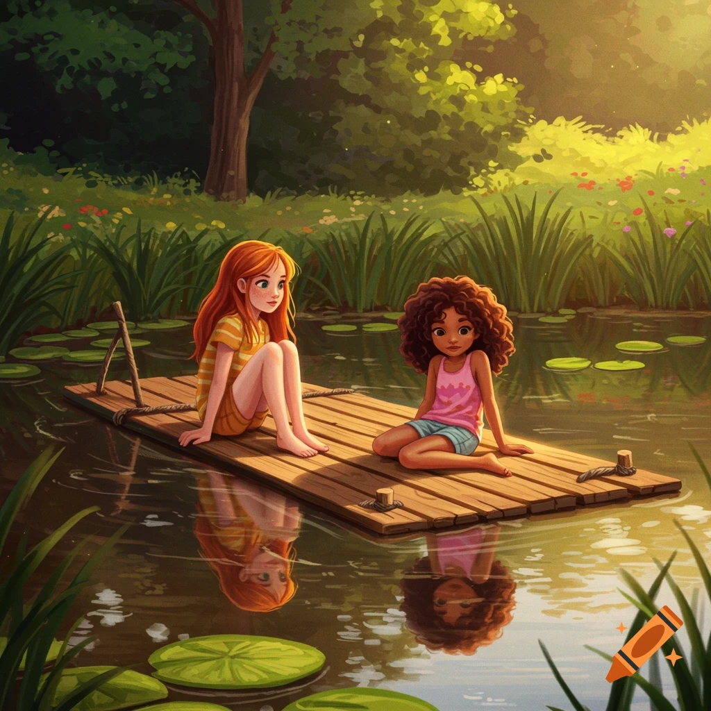 Two young girls sitting on a wooden raft in a pond surrounded by lush ...