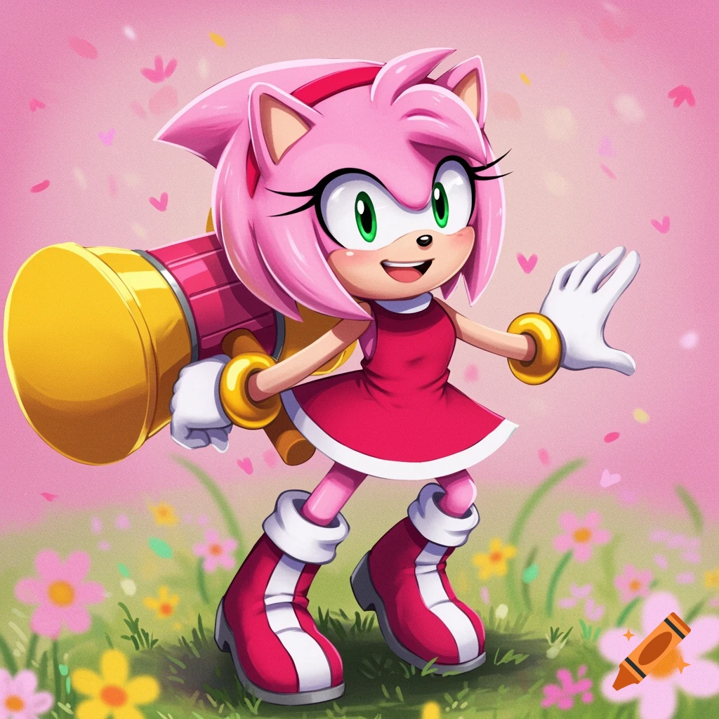 Amy Rose the Hedgehog walks in a grassy field, holding her hammer, in a ...