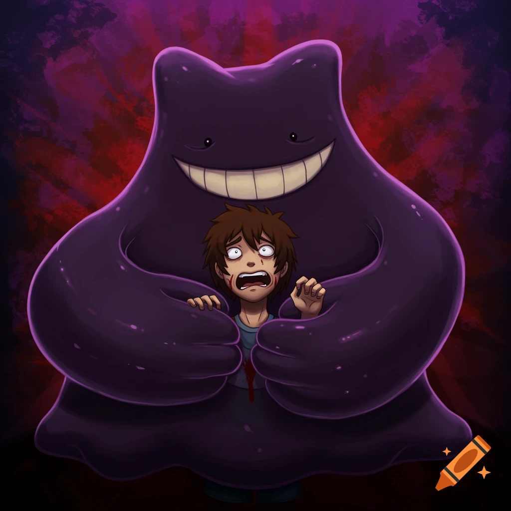 Large purple Ditto character engulfs a terrified person in a dark ...