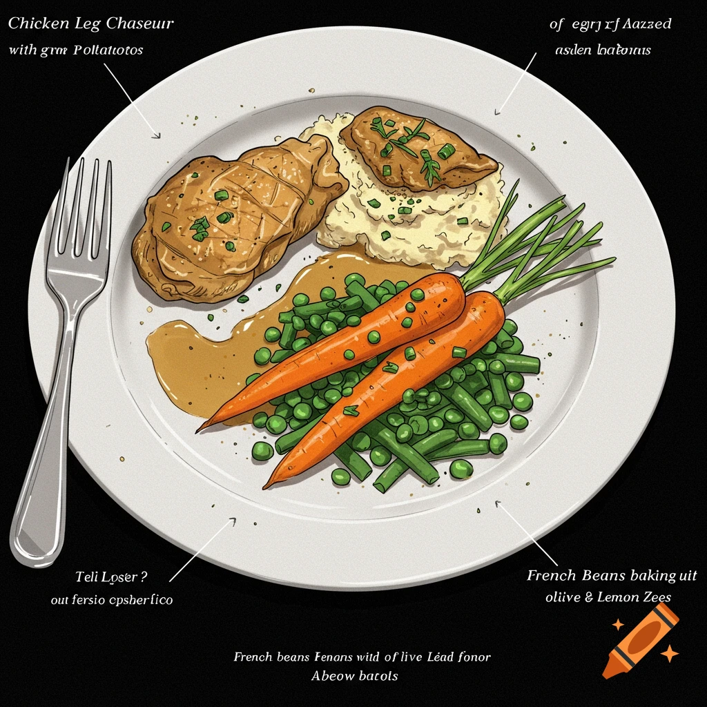 Drawing of a plate of Chicken Leg Chasseur with Garlic Mashed Potatoes ...