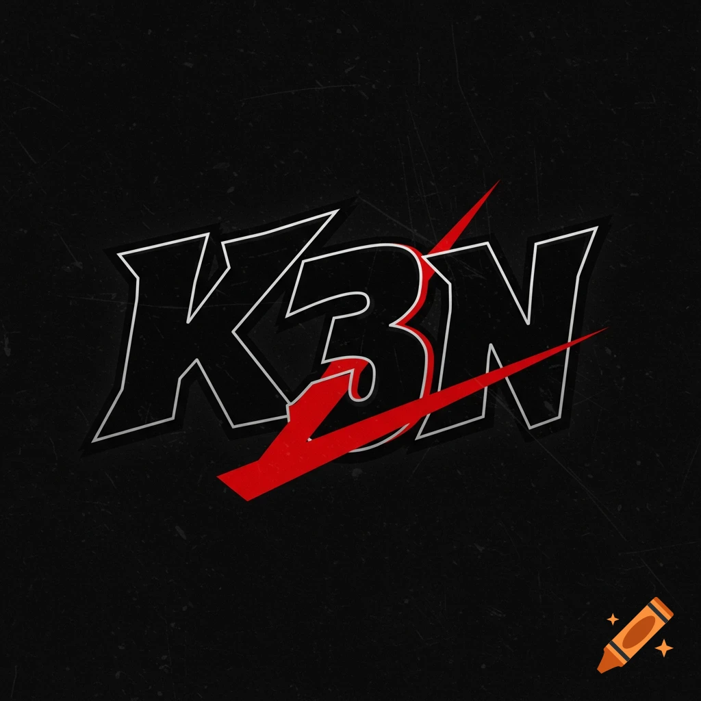 Stylized K3N logo in white outline with red accents on a black ...