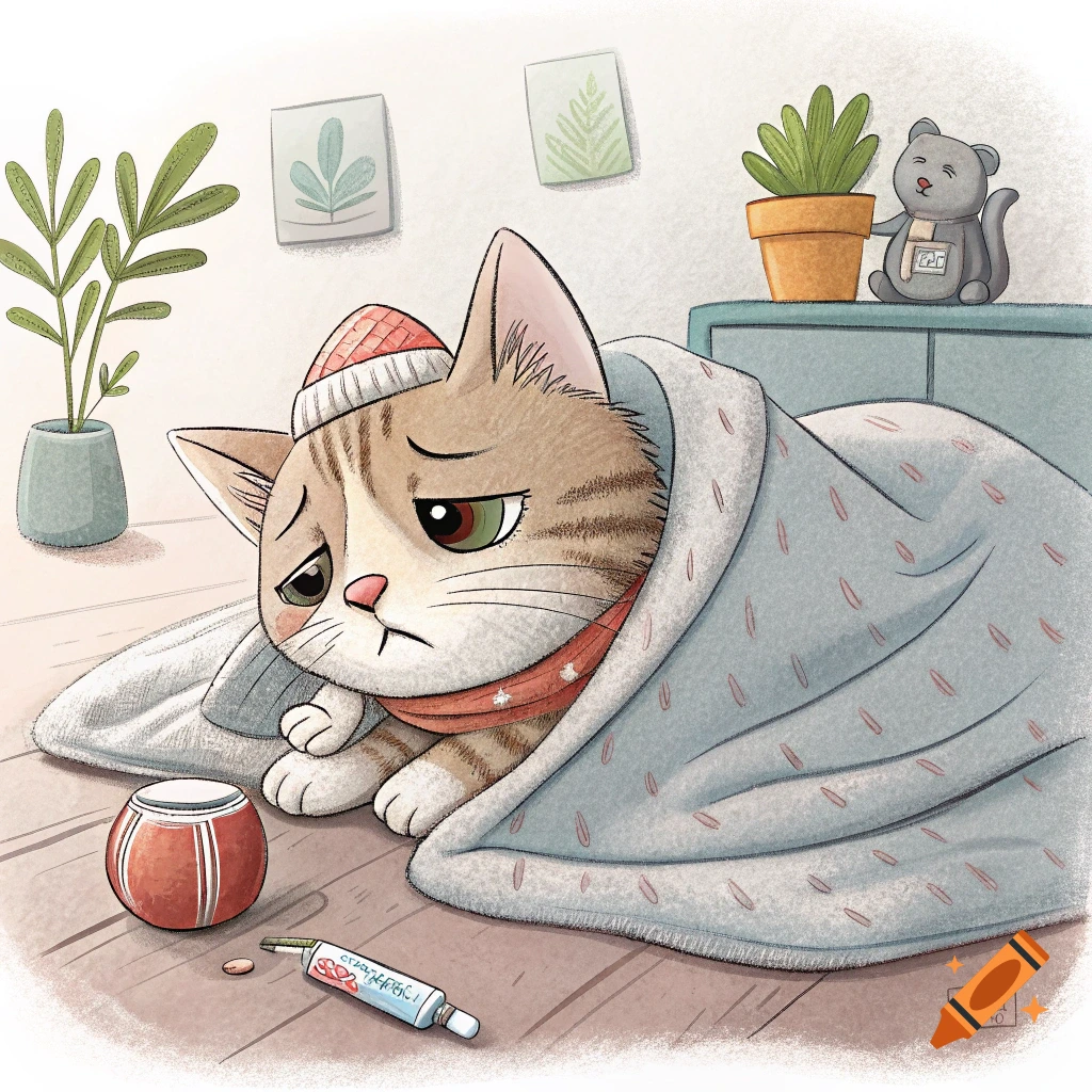 Cute cartoon illustration of a sick tabby cat in a blanket with ...