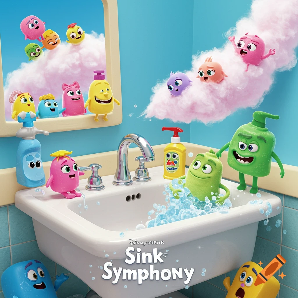 Pixar-style movie poster of a bathroom sink cleaning adventure on Craiyon
