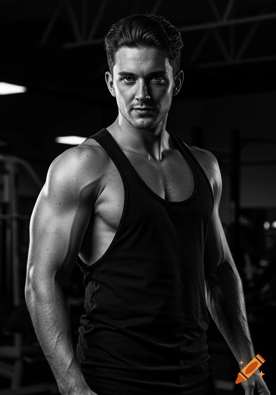 Black and white photorealistic portrait of a muscular man in a tank top ...