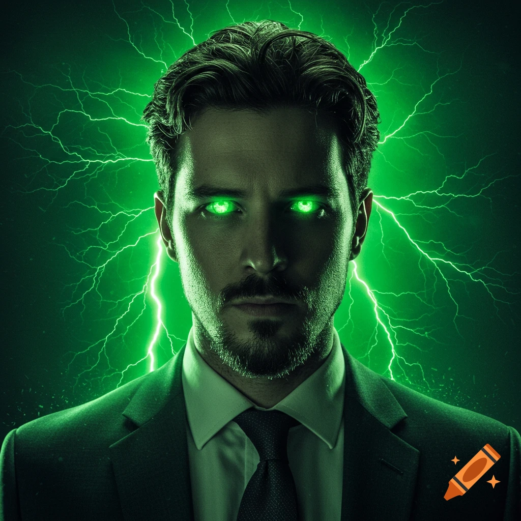 Man with green glowing eyes in suit and lightning background on Craiyon