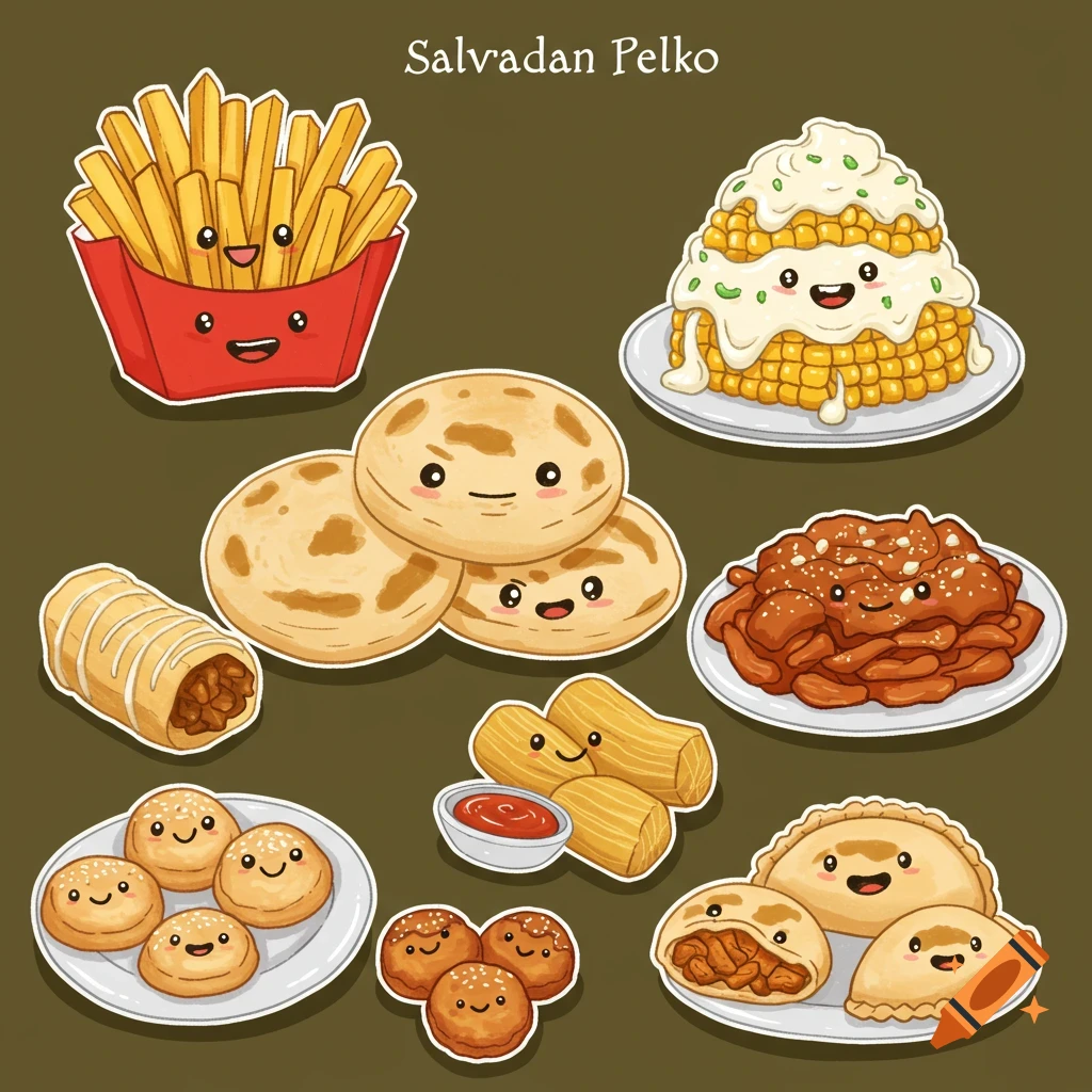 Cartoon drawing of Pupusas, elote loco, yuca frita, tamales, chicharron ...