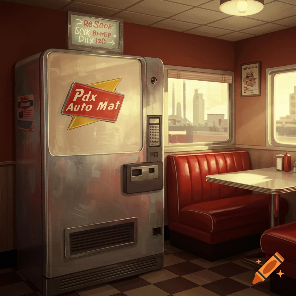 PDX Auto Mat logo on vintage vending machine on Craiyon