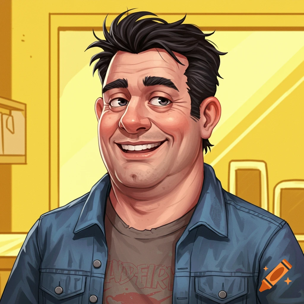 Stylized portrait of a smiling man in a denim jacket and t-shirt ...