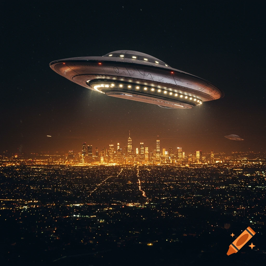 Large UFO hovers over a brightly lit city at night on Craiyon