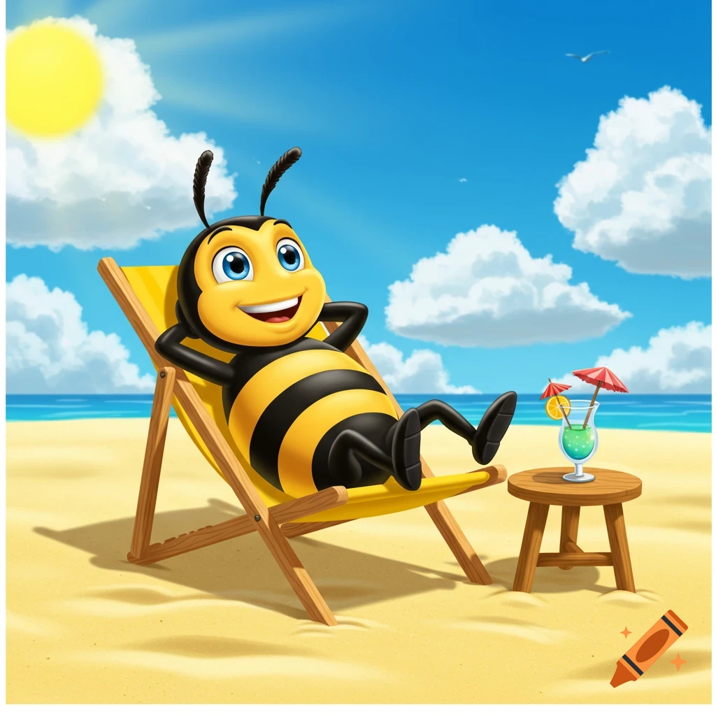 Cartoon bee relaxing on a beach on Craiyon