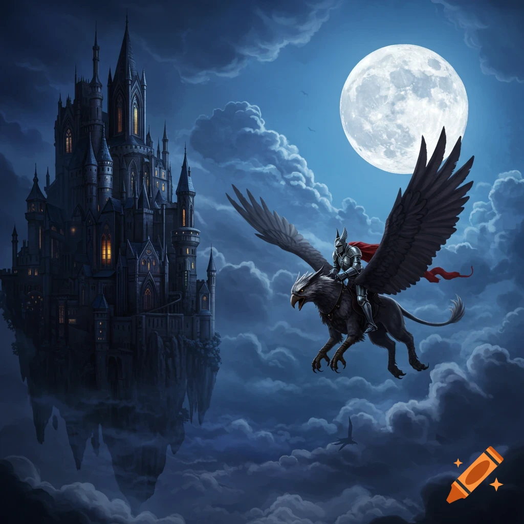 A knight rides a griffin towards a floating castle under a full moon ...