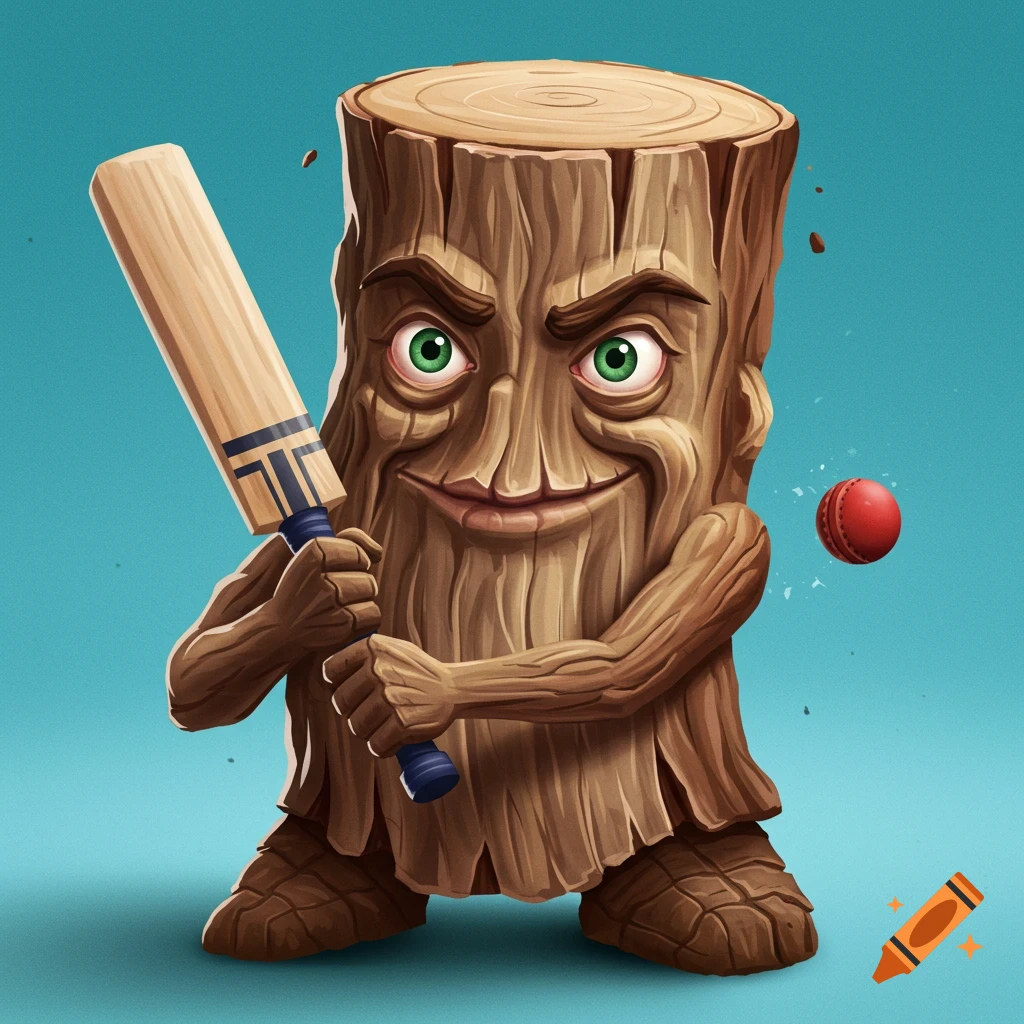 Hyperrealistic log with eyes and face holding a cricket bat on Craiyon