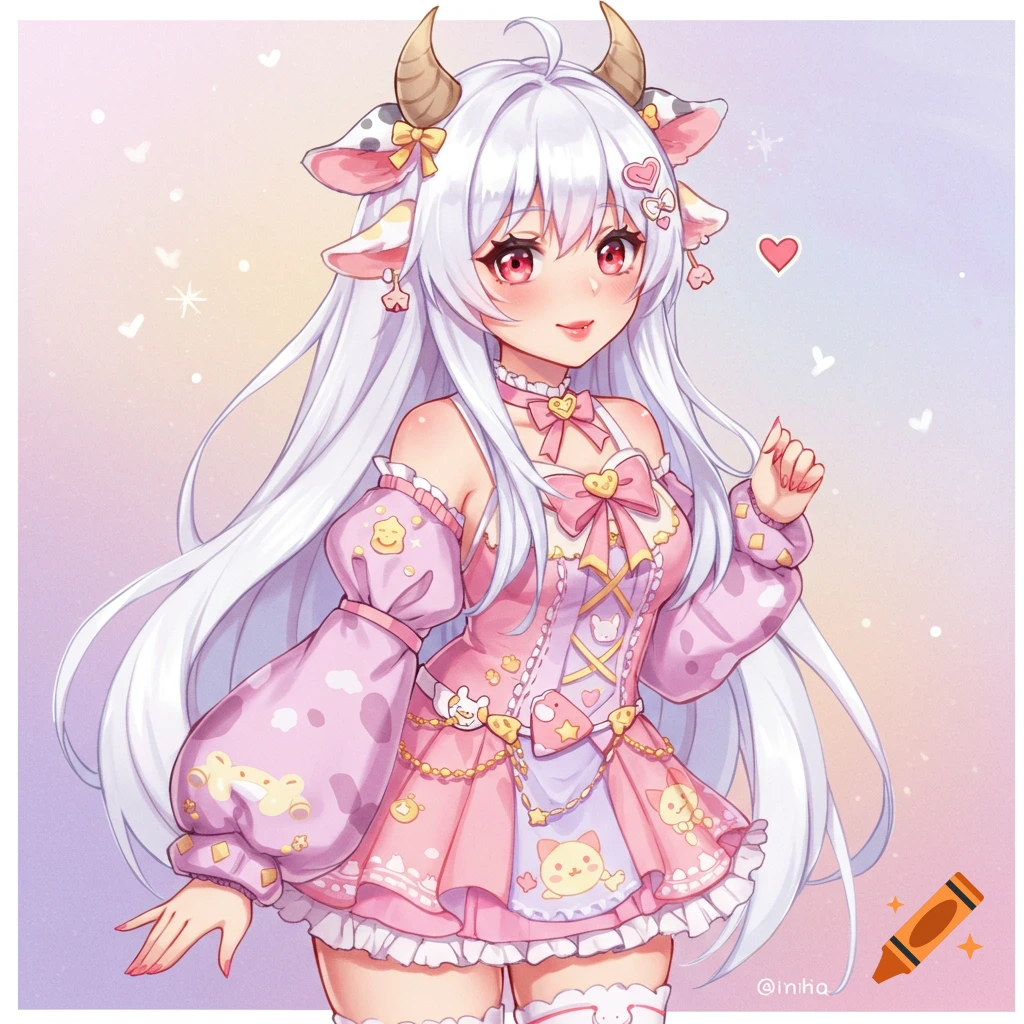 A cute anime girl with white hair, red eyes, horns, and cow ears ...