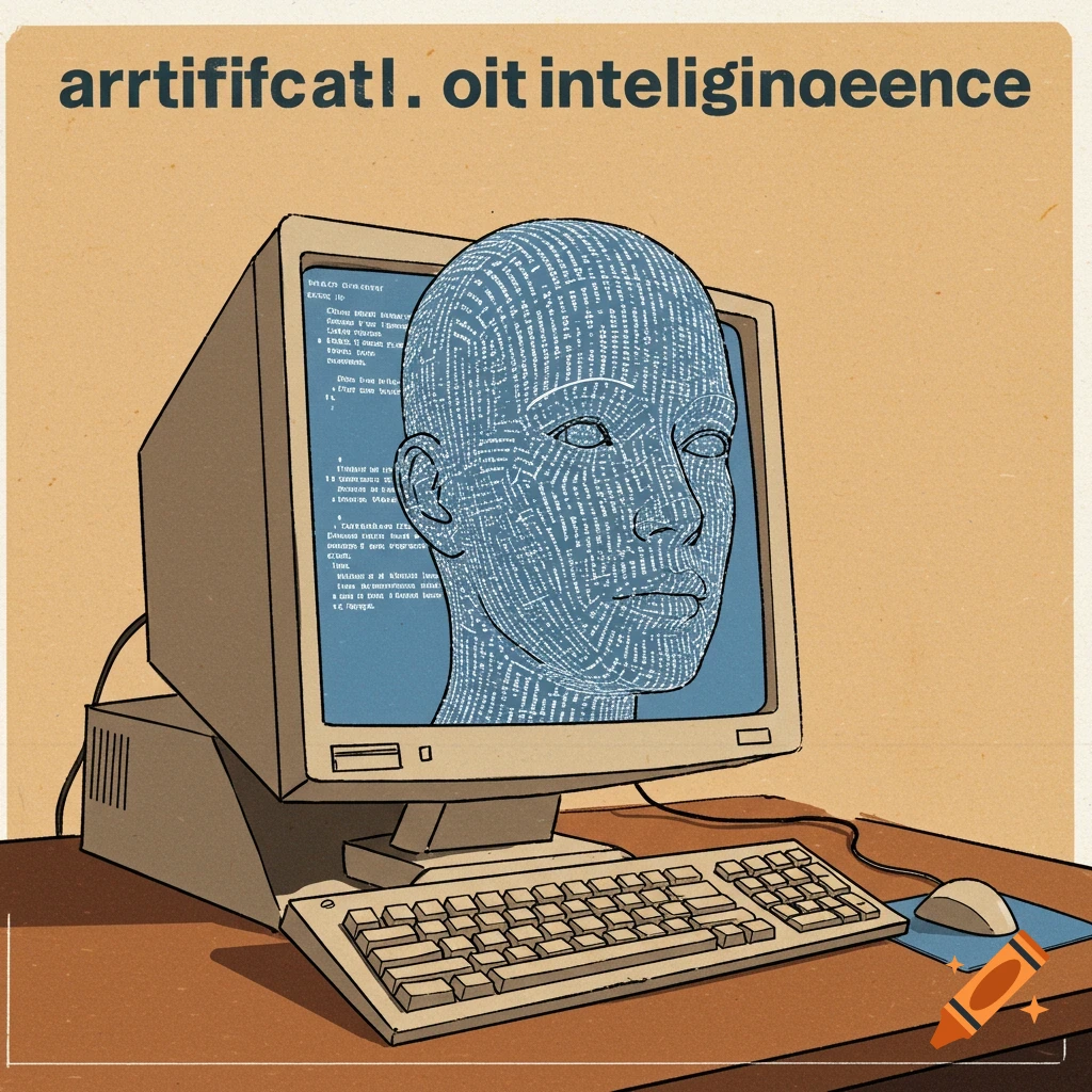 1990s-style drawing of AI advertisement with a computer, desk, and ...