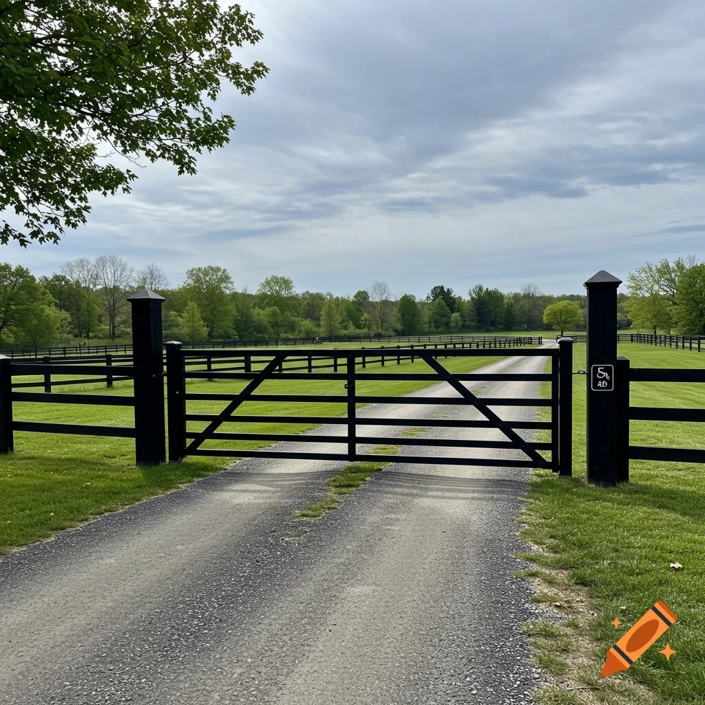 Rural driveway entrance with black post and rail fence and gate, angled ...