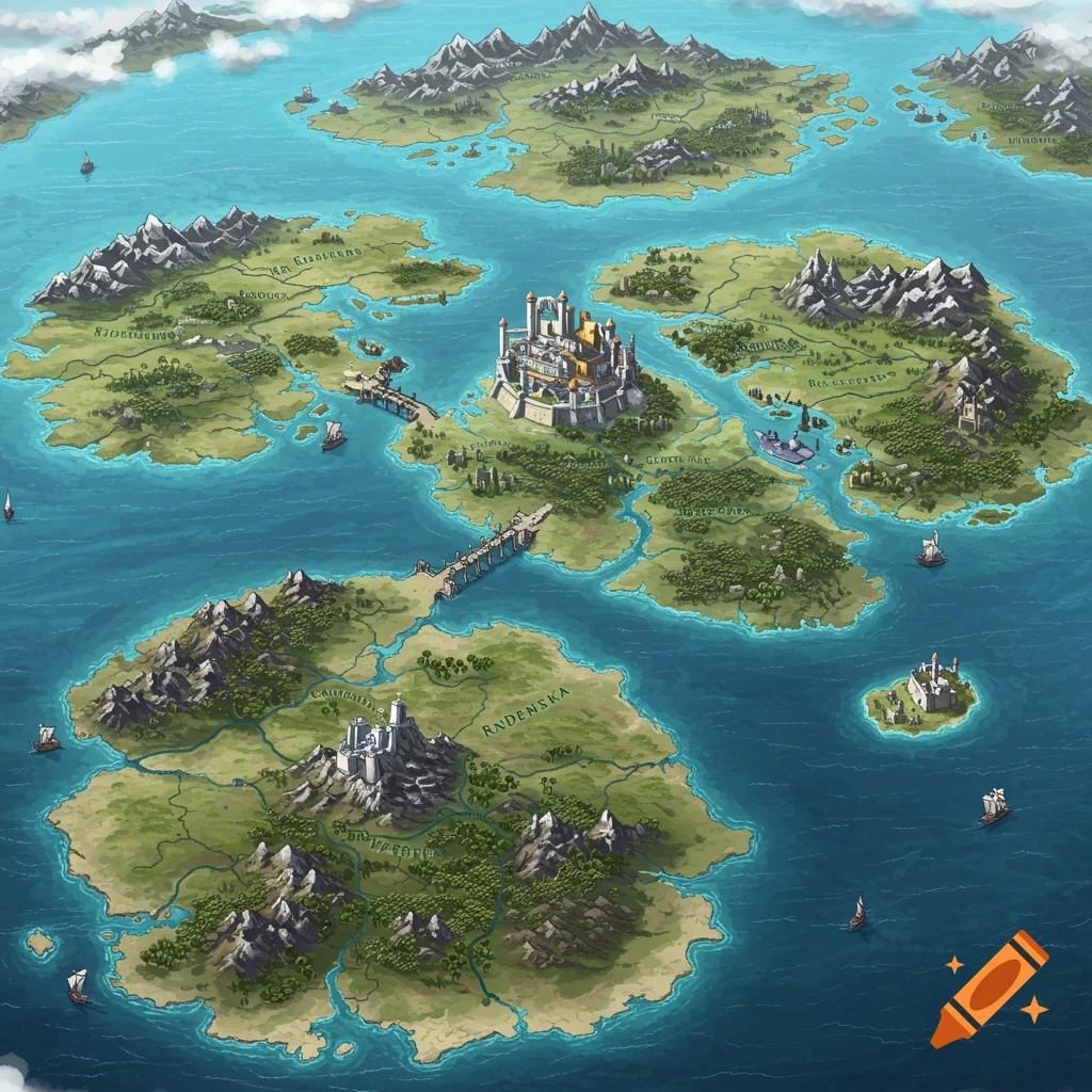 Aerial view of a fantasy world map with islands, mountains, castles ...