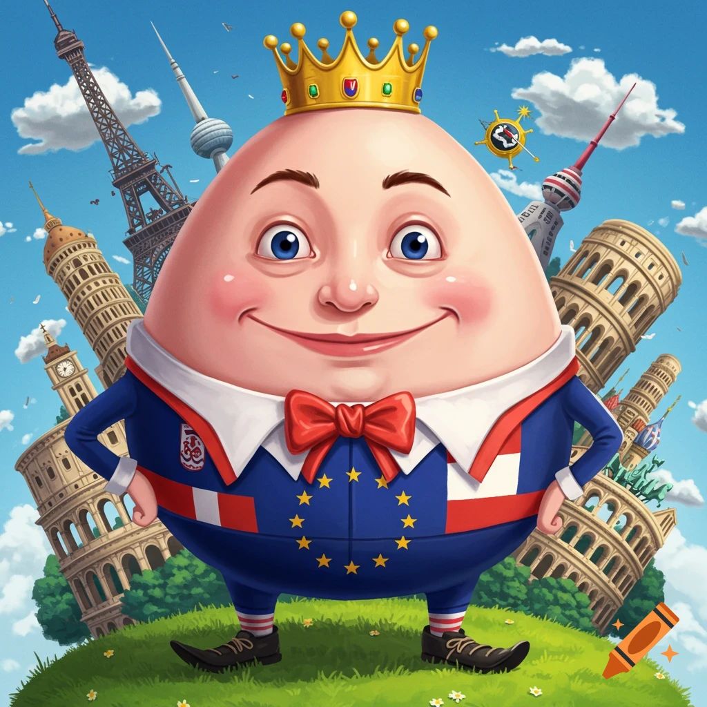 Humpty Dumpty in a suit with European symbols and a crown stands on a ...