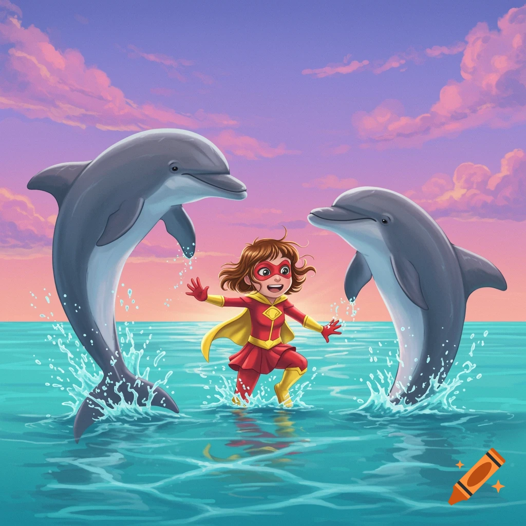 A superhero girl playing with dolphins jumping in the ocean at sunset ...