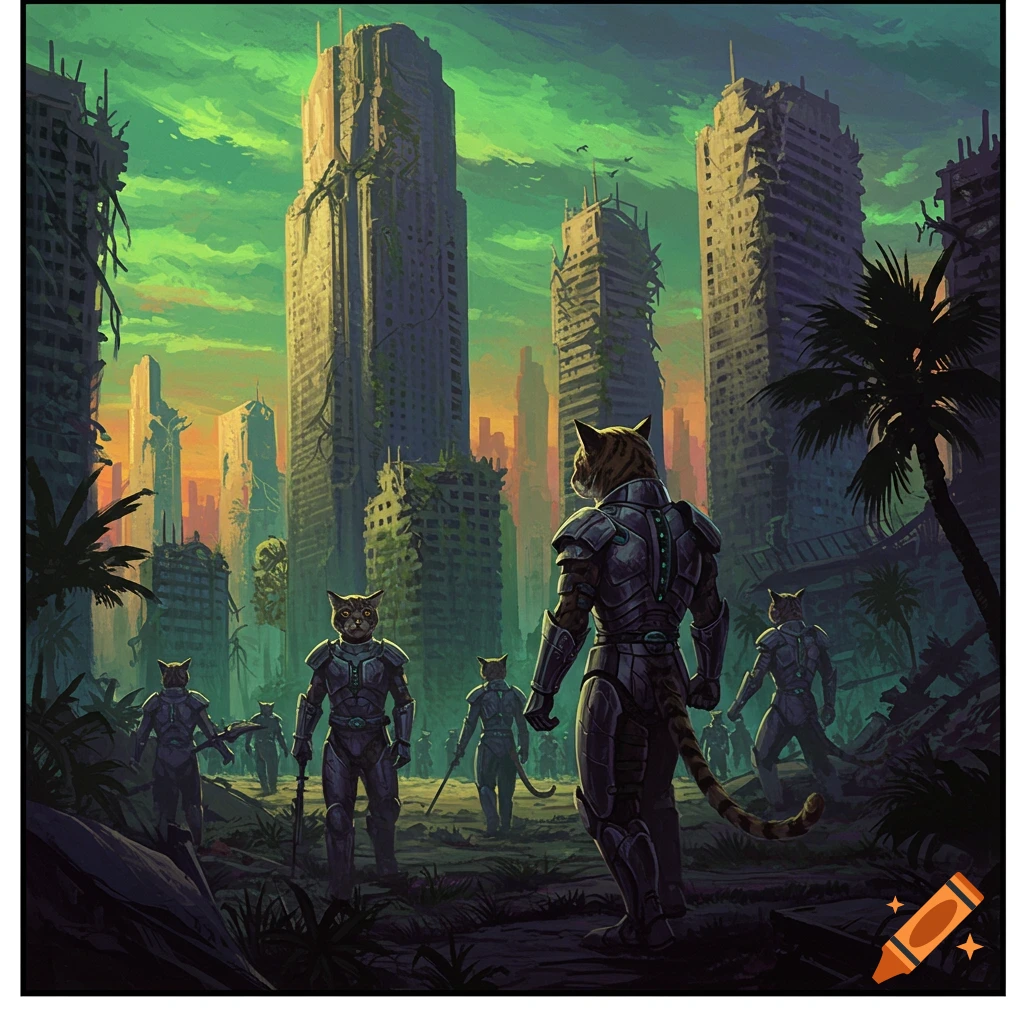 Planet of the Cats, post-apocalyptic ruins, humanoid cats in armor ...